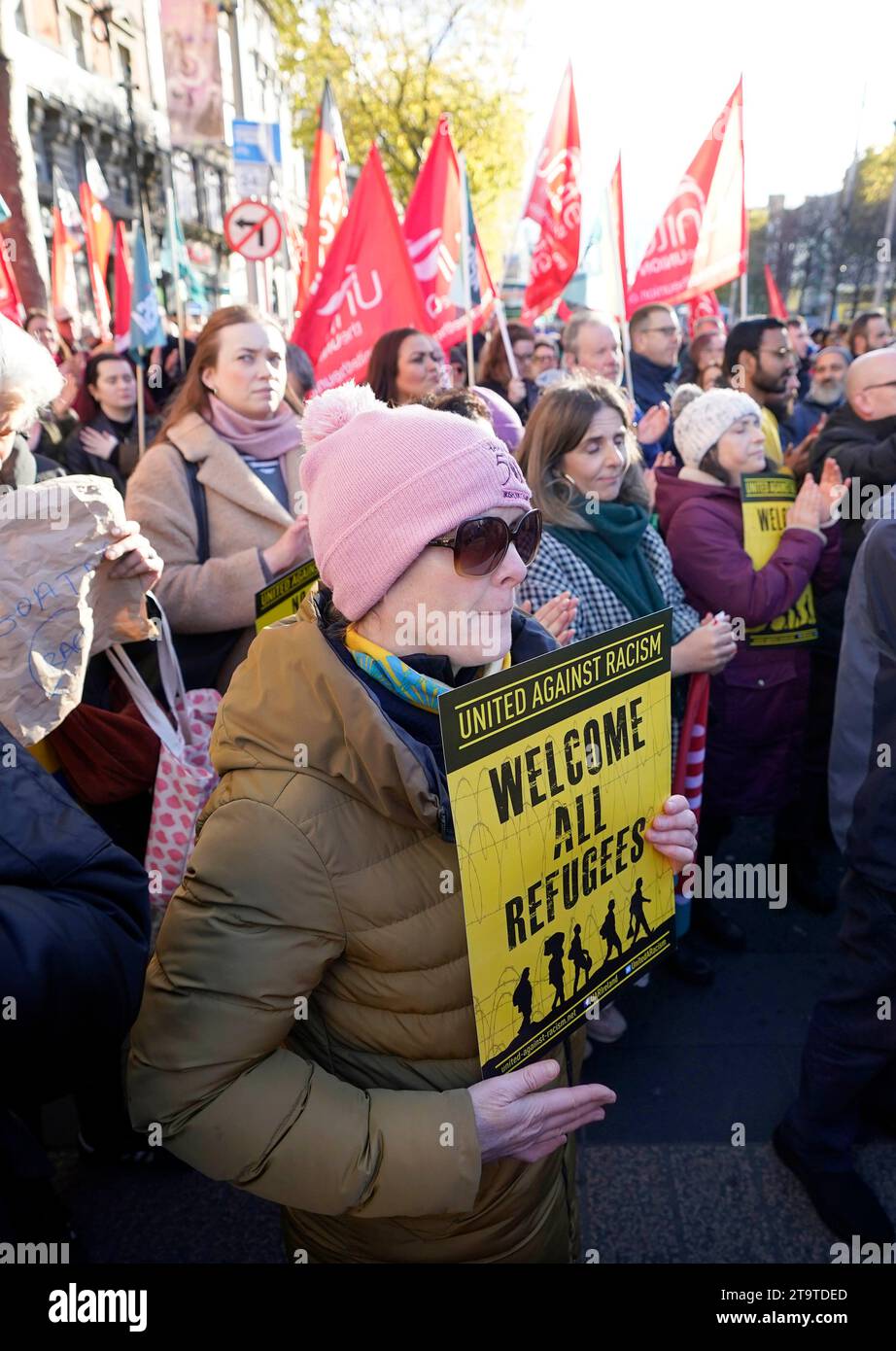 Trade unionists and demonstrators gather on O'Connell Street in Dublin ...