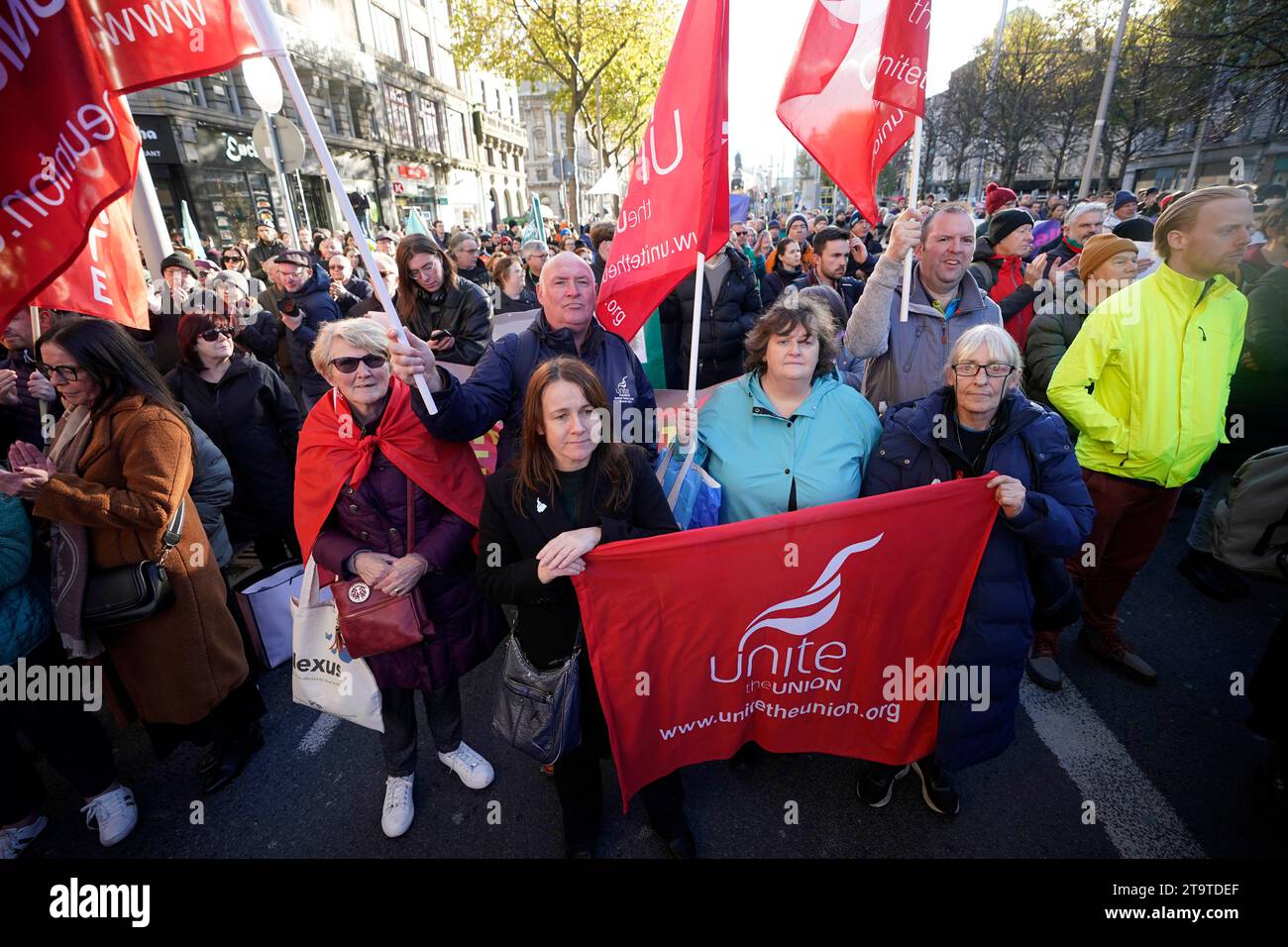 Trade unionists and demonstrators gather on O'Connell Street in Dublin ...
