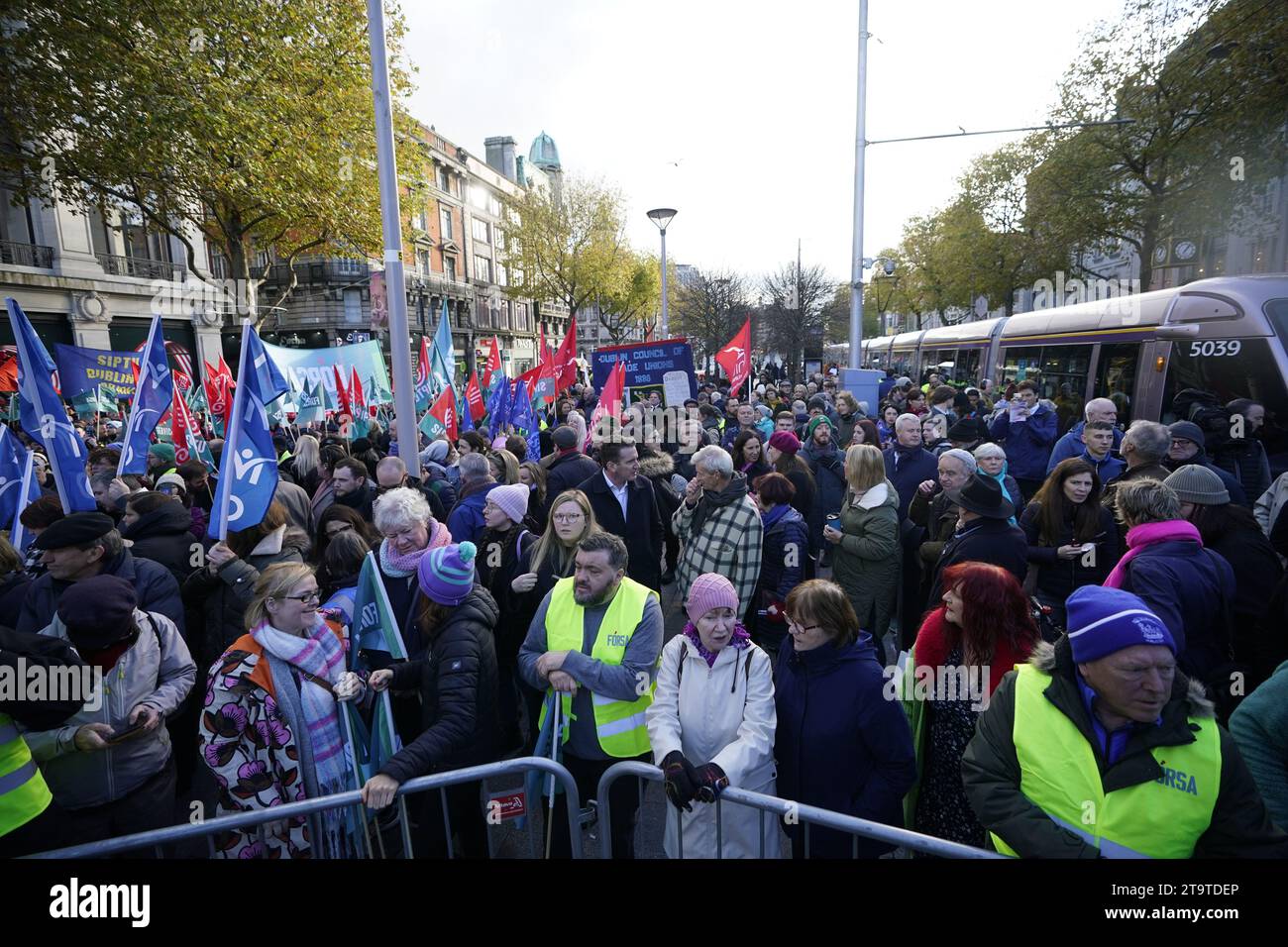 Trade unionists and demonstrators gather on O'Connell Street in Dublin ...