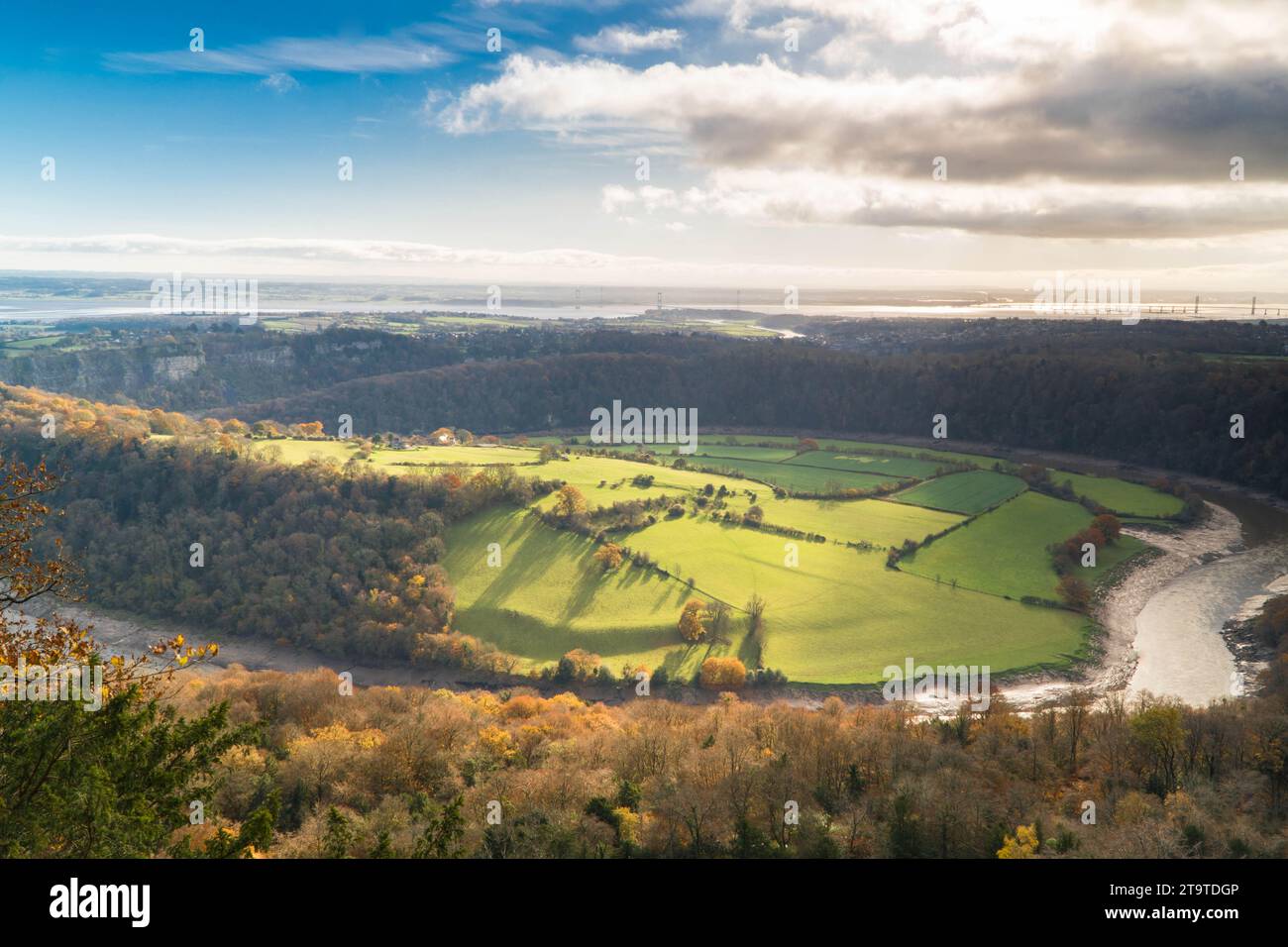 View from Eagles Nest as the sun shines across the river Wye and the ...