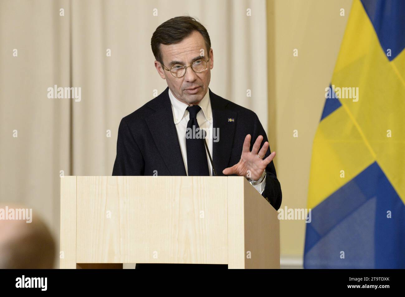 Helsinki, Finland. 27th Nov, 2023. Swedish Prime Minister Ulf Kristersson (in picture) and ...