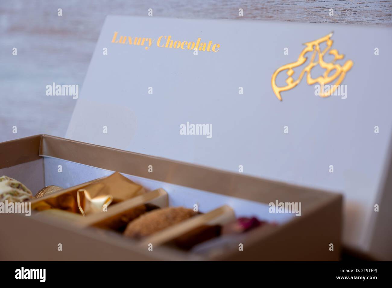 Chocolate box with golden words luxury chocolate with mock up space and ...