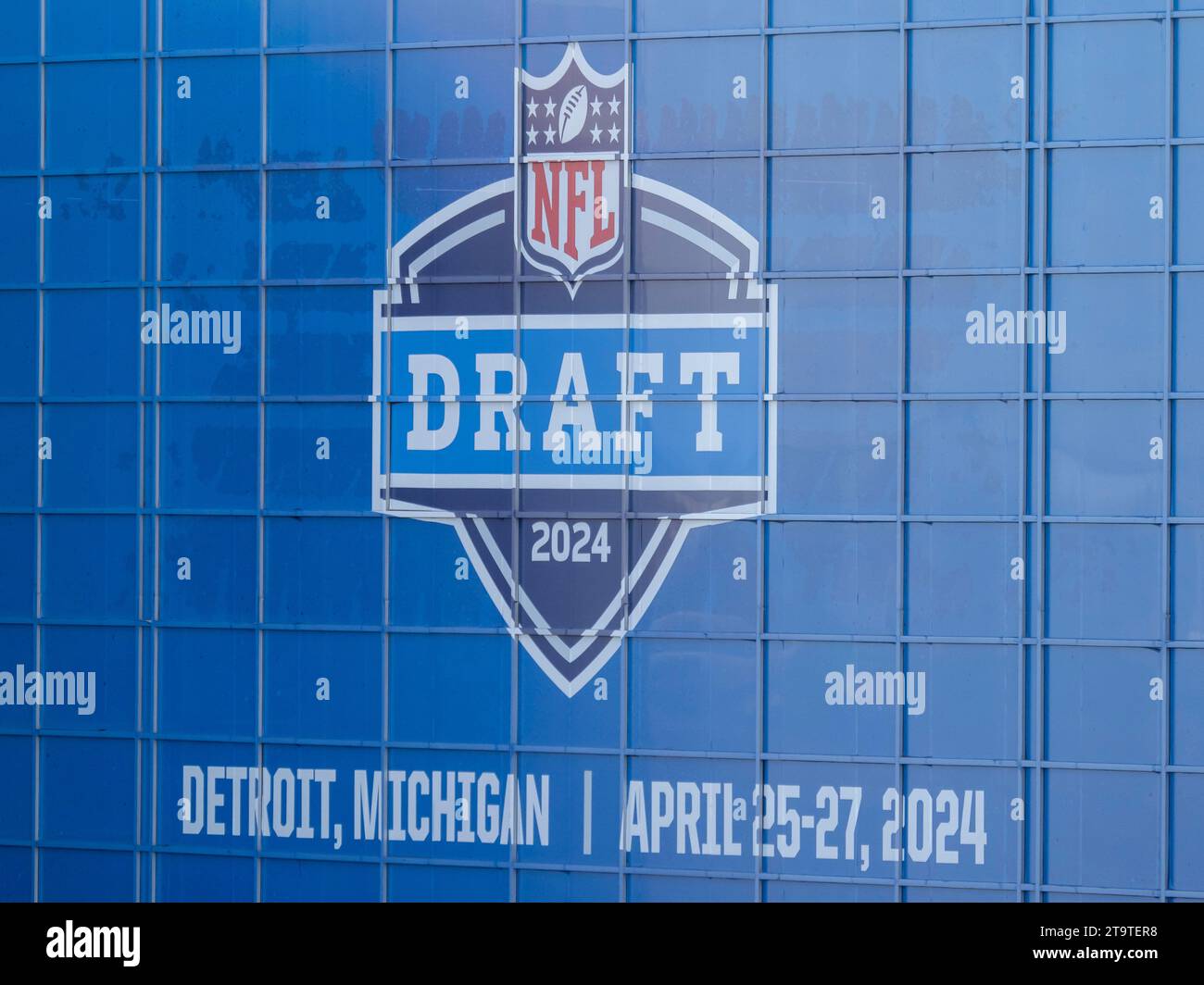 DETROIT, MI - NOVEMBER 24: The NFL Draft 2024 logo is pictured on the ...