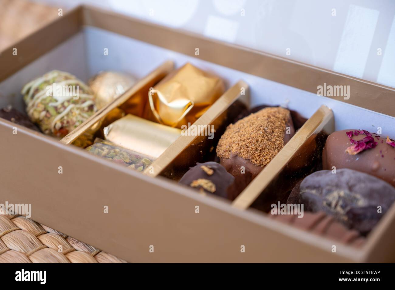 Chocolate box with golden words luxury chocolate with mock up space and ...