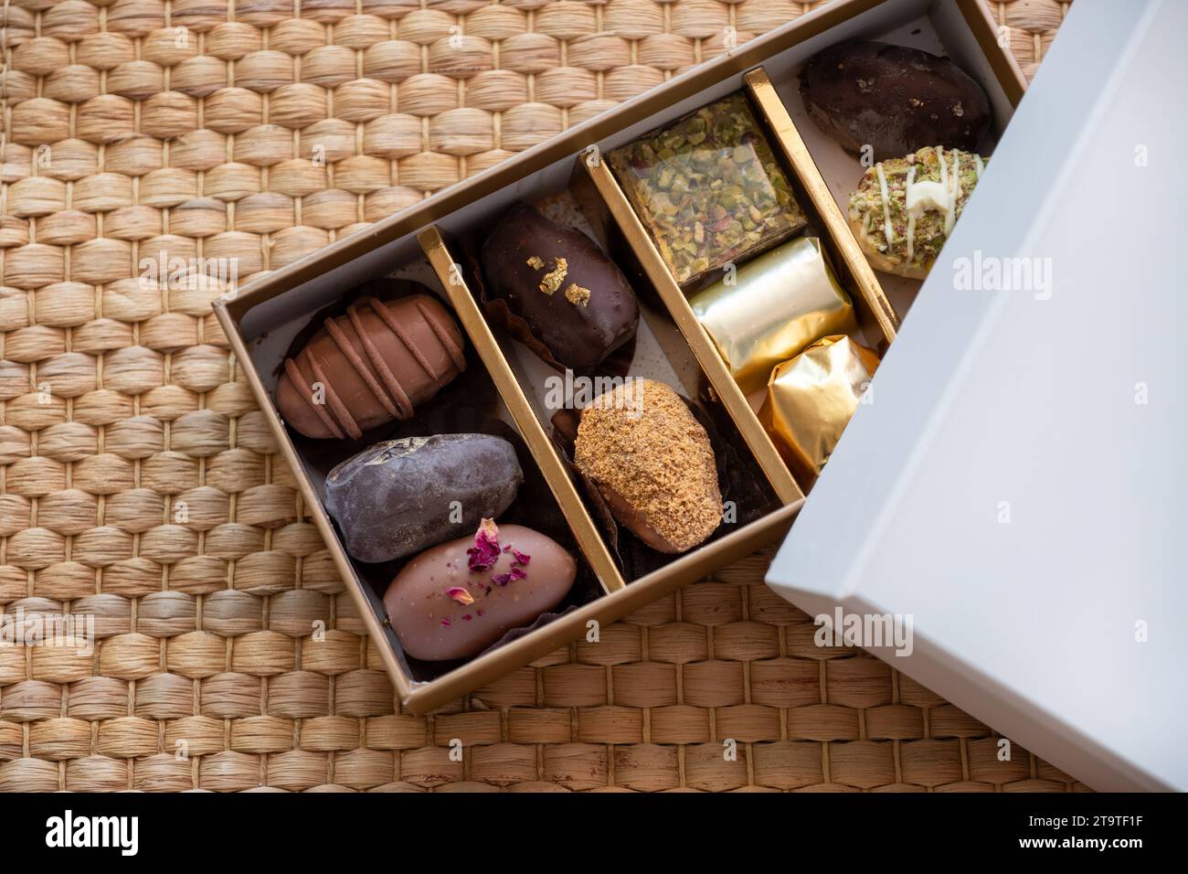 Chocolate box with golden words luxury chocolate with mock up space and ...