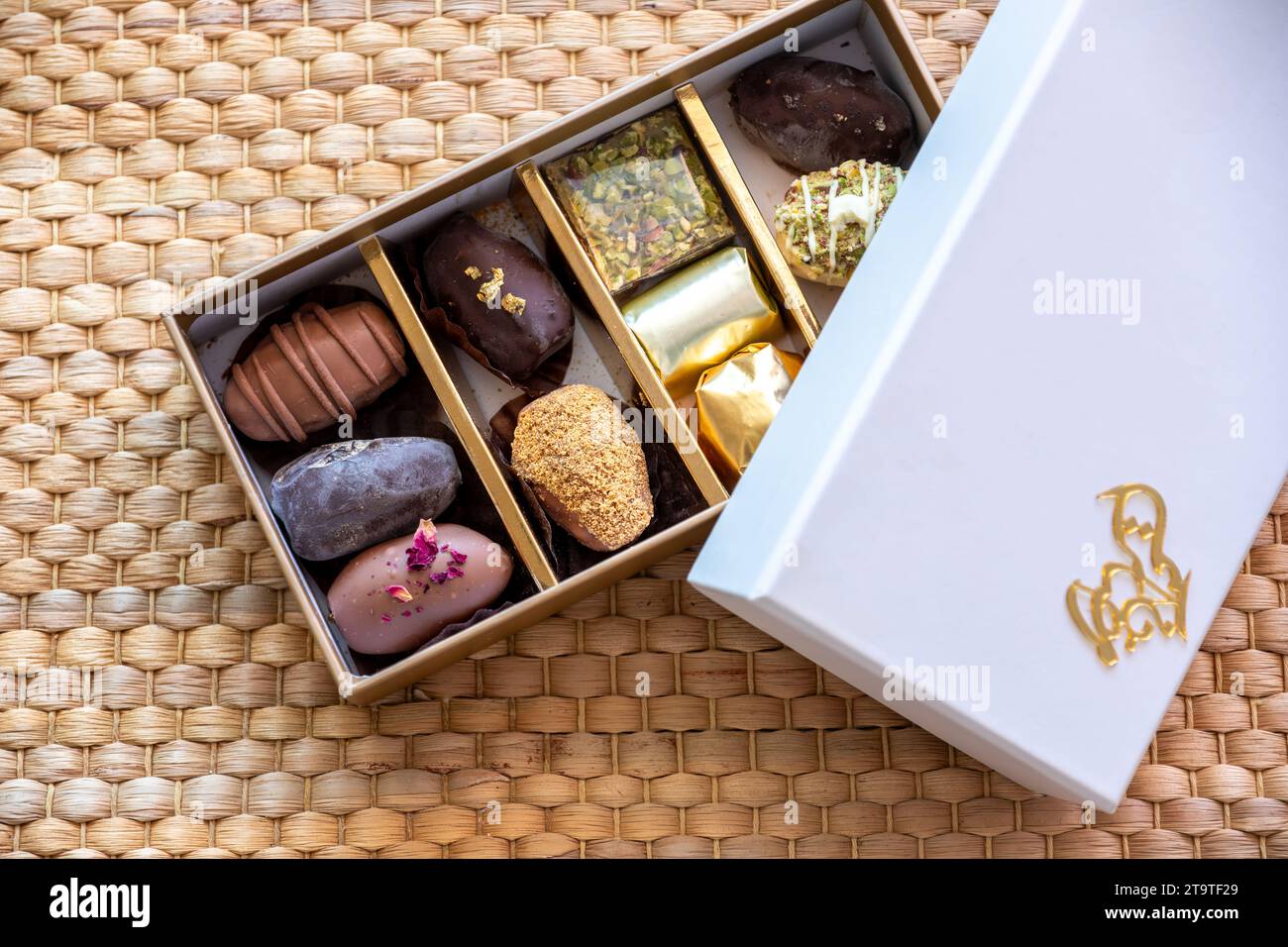 Chocolate box with golden words luxury chocolate with mock up space and ...