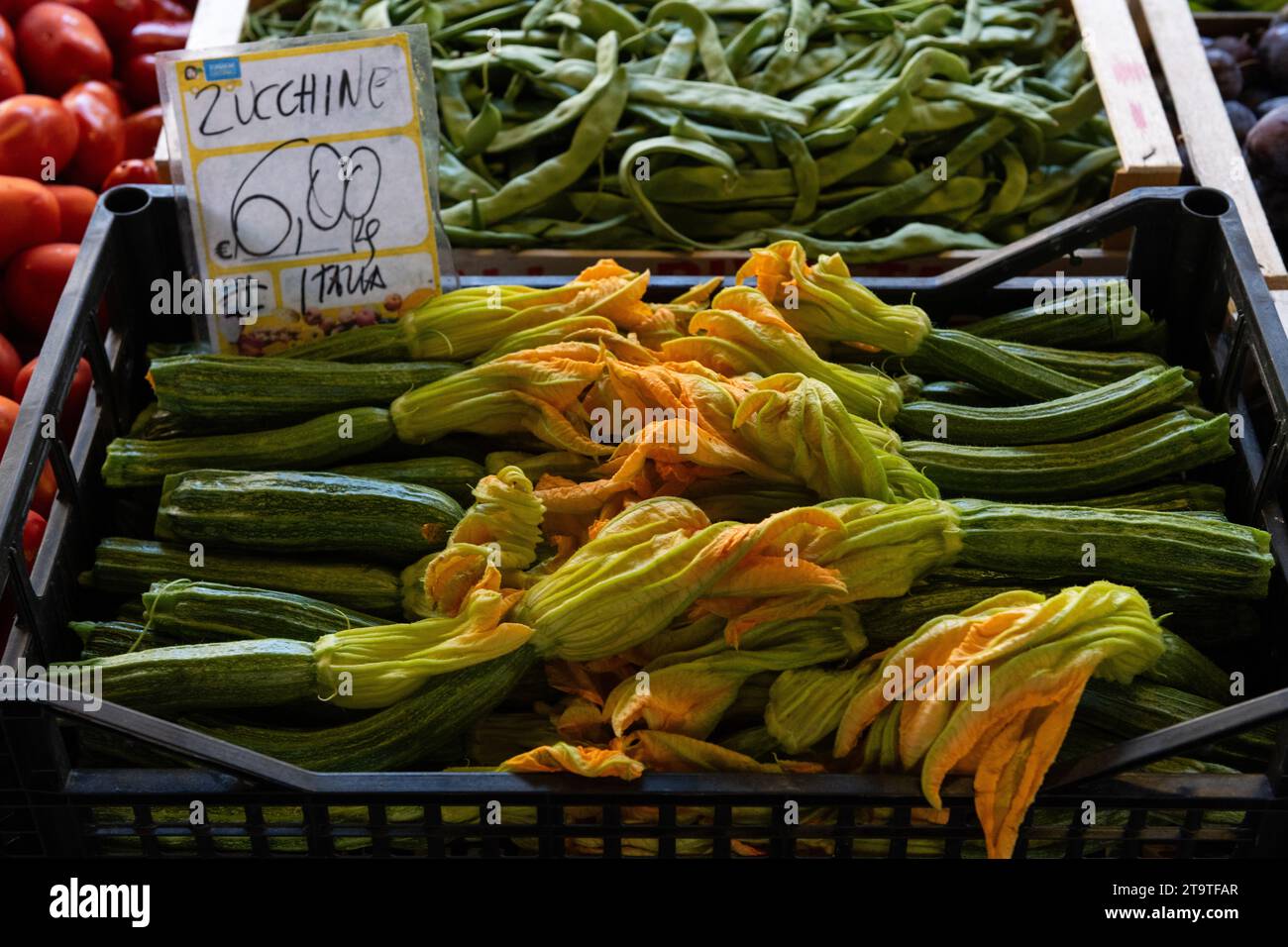 Basket of small, ripe, green zucchini squash with attached orange ...