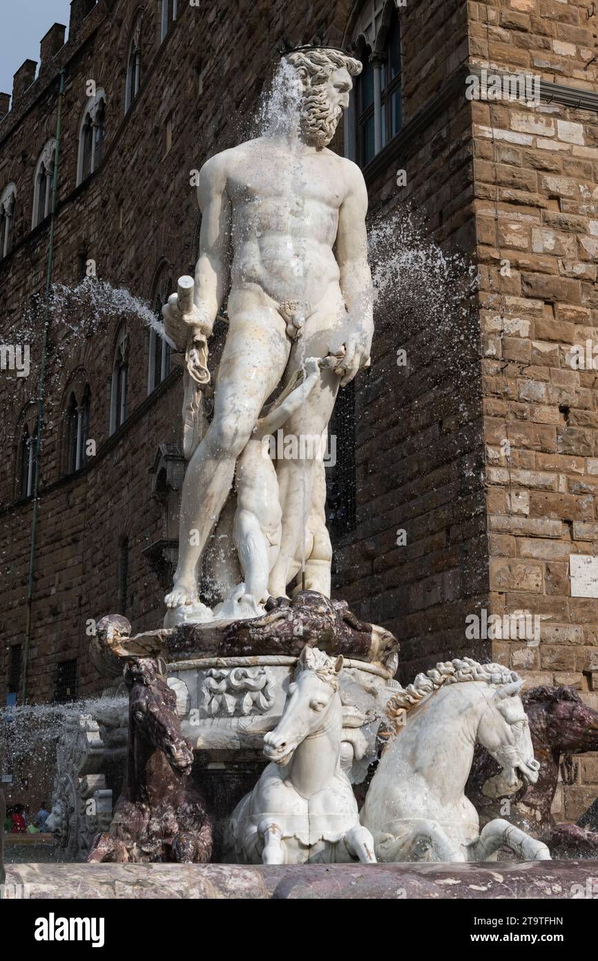 View of the 16th-century marble fountain with the statue of Neptune ...