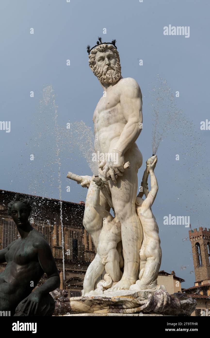 View of the 16th-century marble fountain with the statue of Neptune ...