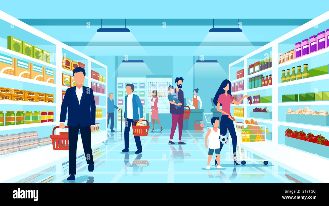 Vector of a group of people shopping at the supermarket, choosing ...