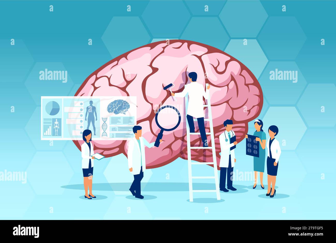 Vector of a group of scientists and doctors study human brain and psychology. Medical neurology ...