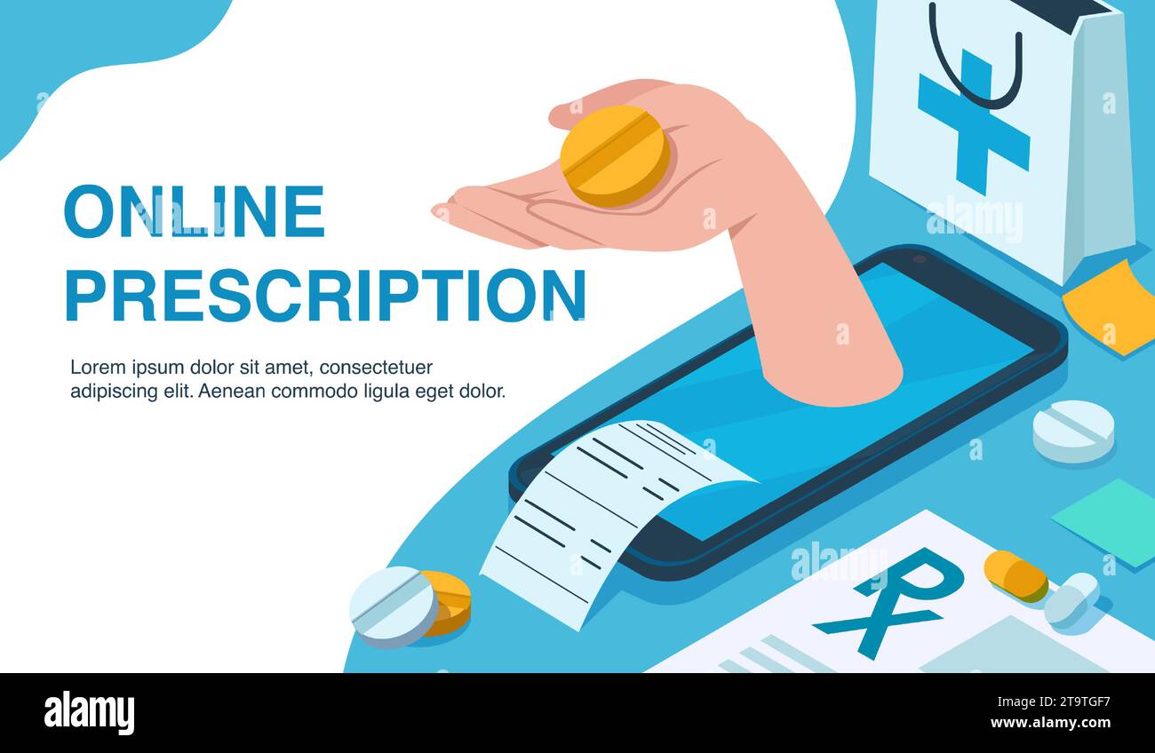 Online pharmacy and prescription refill using mobile app concept Stock ...