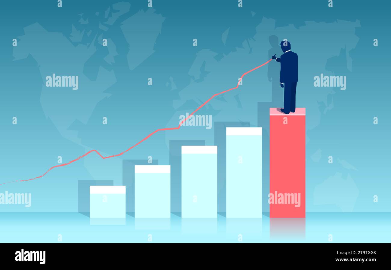 Vector of a businessman standing on a bar graph drawing future world ...