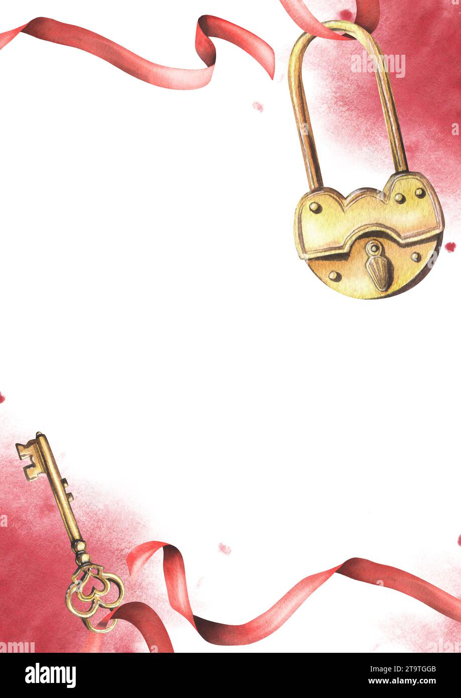For Valentine's Day, a template with a key and lock, ribbons, splashes ...