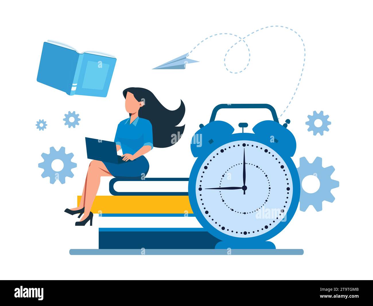 Vector of a female student studies reading books uses online resources ...