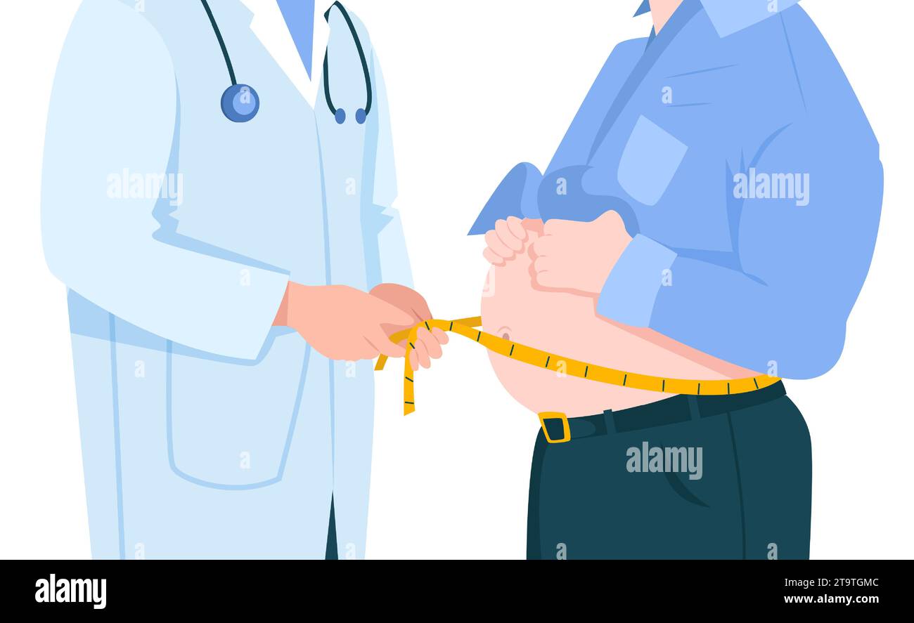 Vector of an obese, overweight male patient, doctor measuring with tape ...