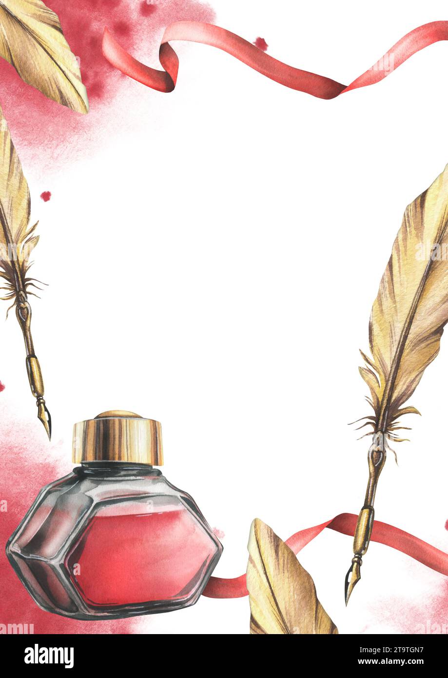For Valentine's Day, a template with a ink, feather pen, ribbons ...