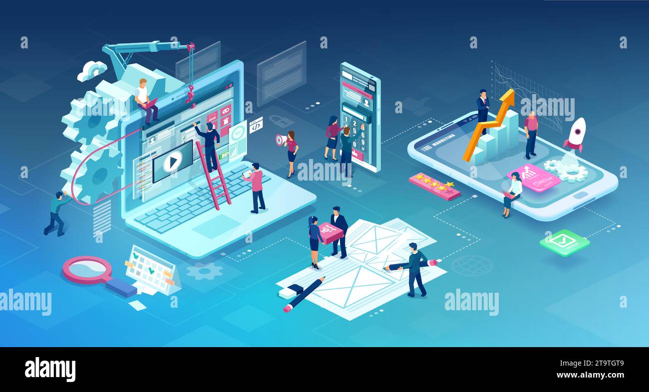 Isometric vector of software development team working on new startup ... Isometric vector of software development team working on new startup ...