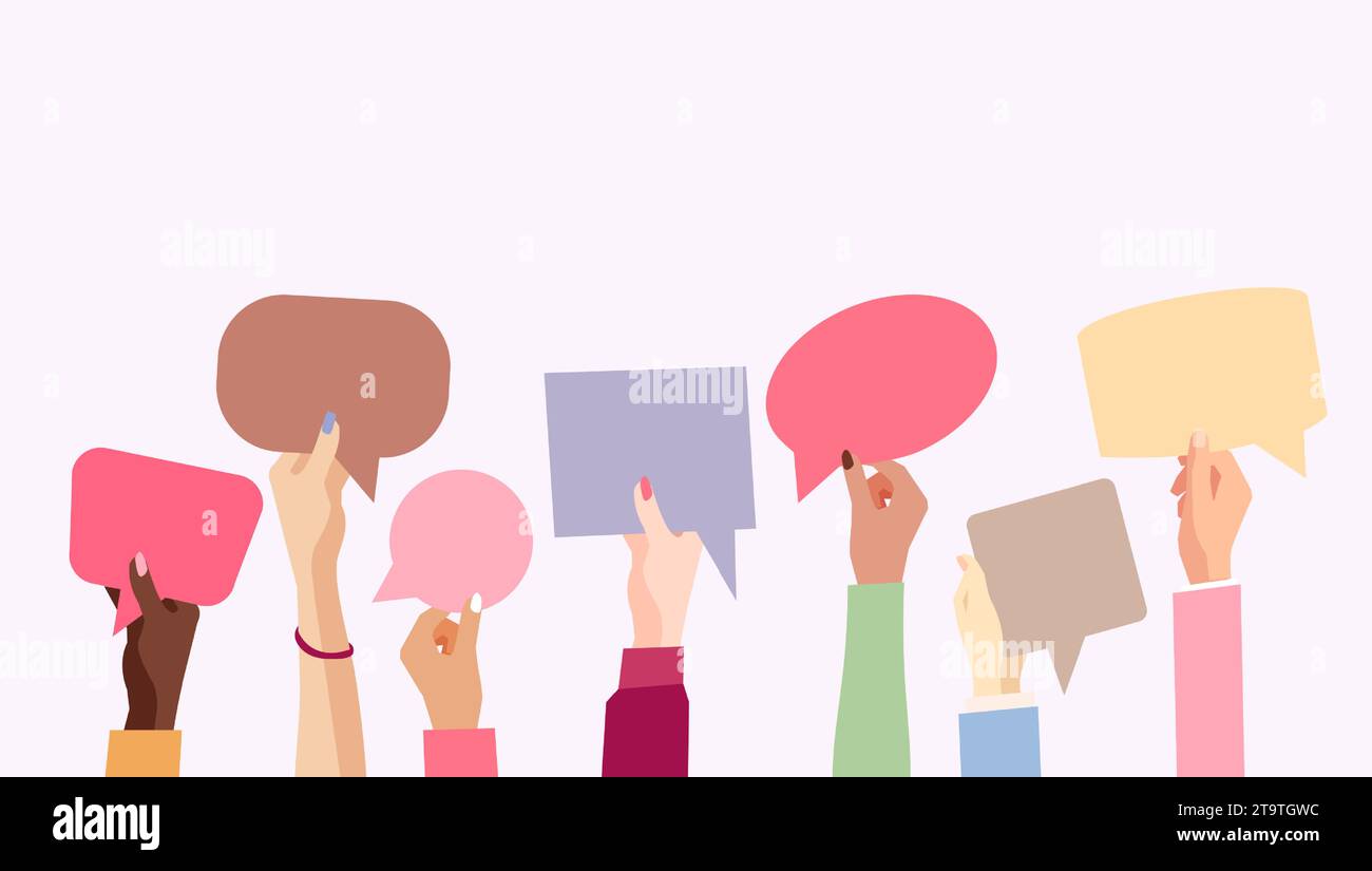 Group communication of a multicultural group of people with raised hands holding speech bubble ...