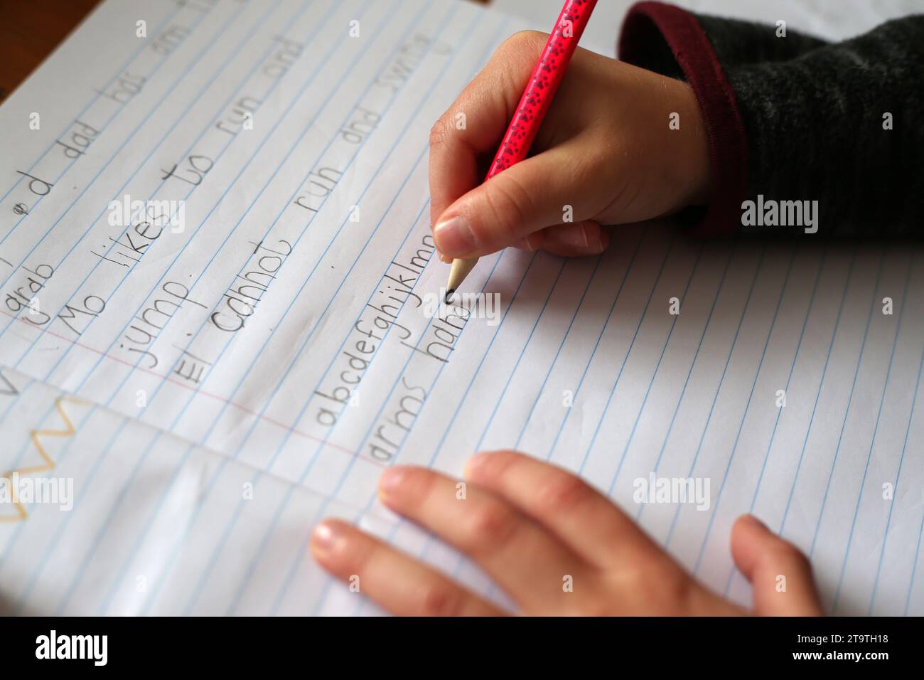 A Young boy practices writing alphabet characters while homeschooling ...