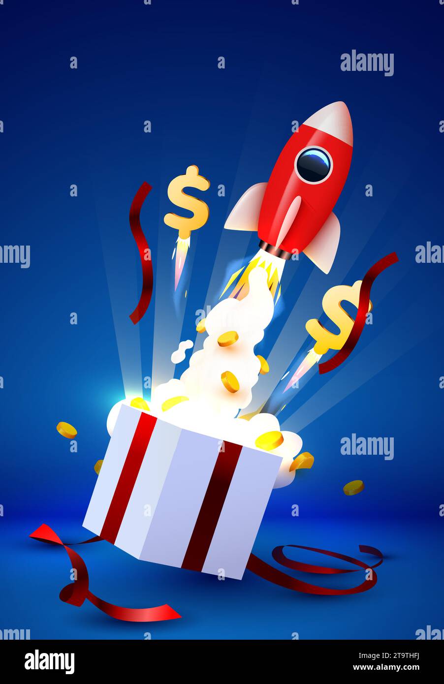 Open gift box with coin explosion and launching rocket. Big win concept ...