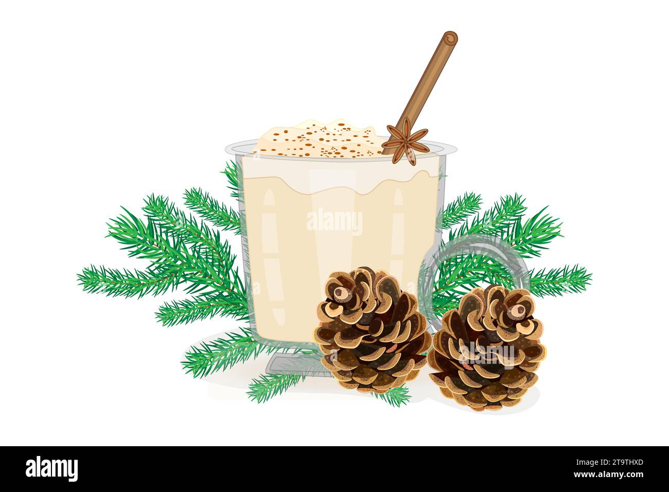 Eggnog, fir cone and twig. Winter drink and christmas tree. Pine branch ...
