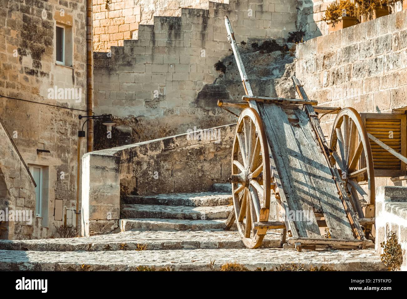 old historical wood wagon typical tool used in the past, in Matera ...