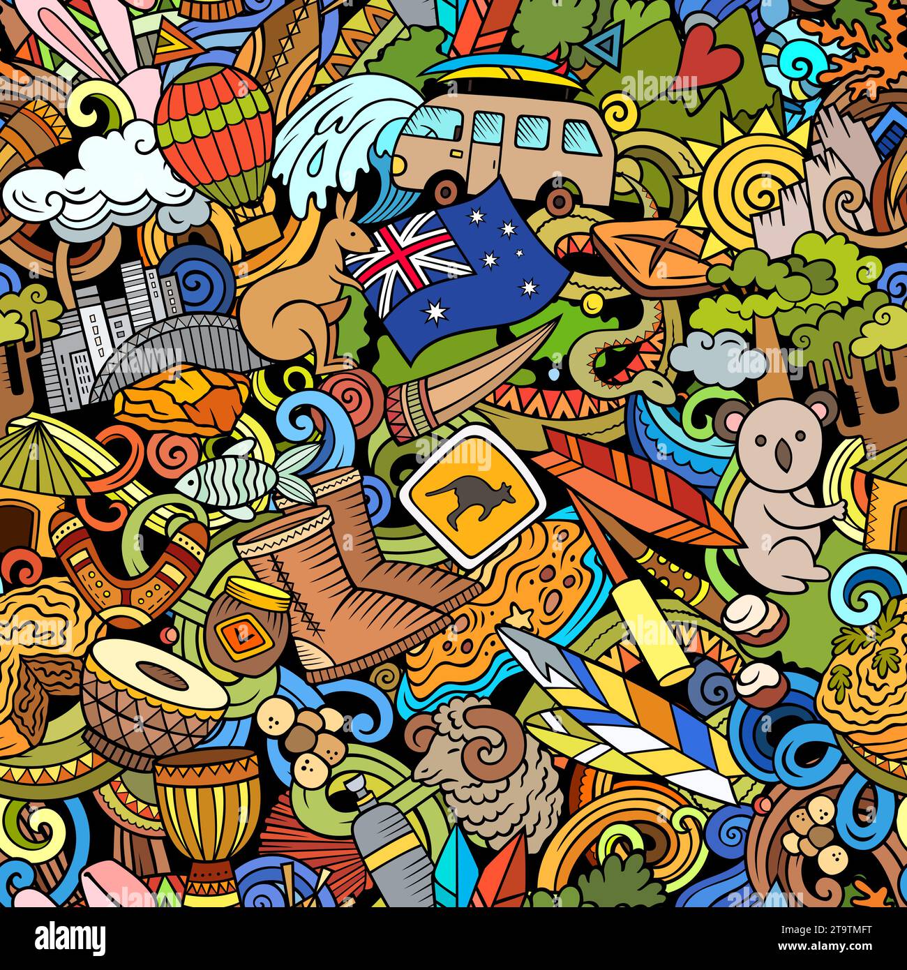 Cartoon doodles Australia seamless pattern. Backdrop with Australian ...