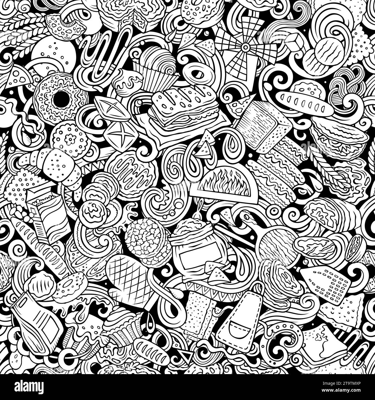 Cartoon vector doodles on the subject of bakery seamless pattern ... Cartoon vector doodles on the subject of bakery seamless pattern ...