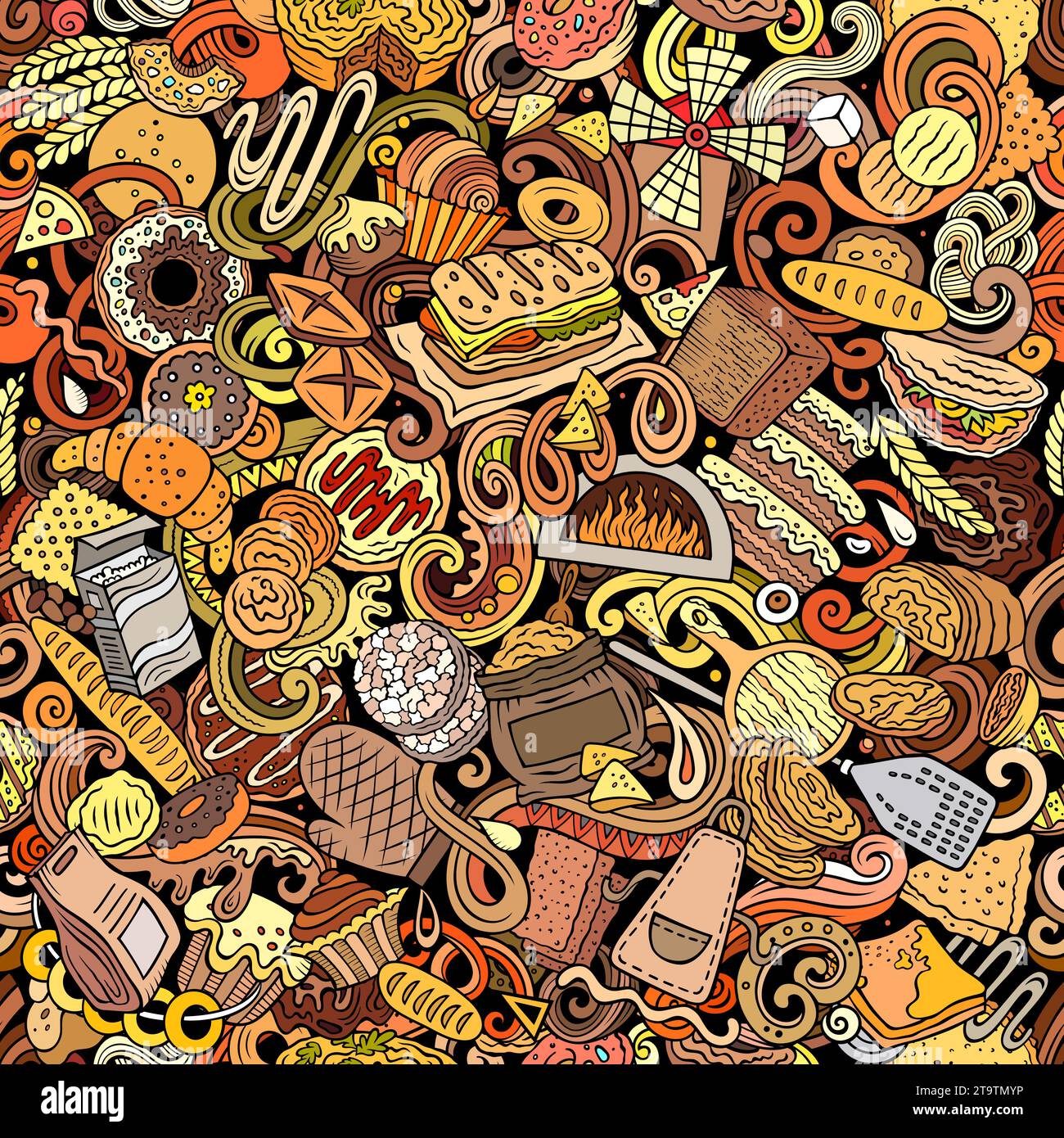 Cartoon vector doodles on the subject of bakery seamless pattern ...