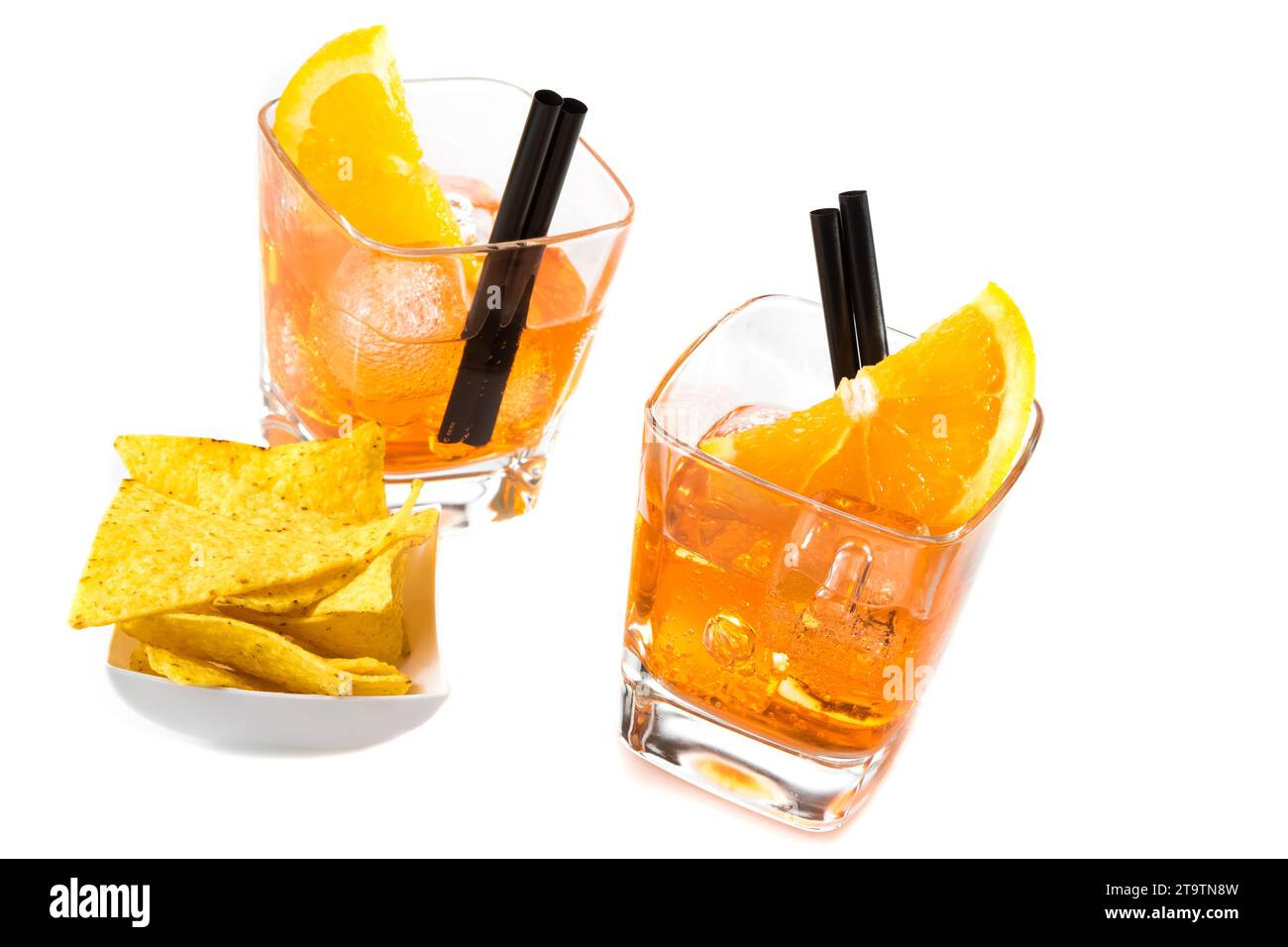 top of view of two glasses of spritz aperitif aperol cocktail with ...