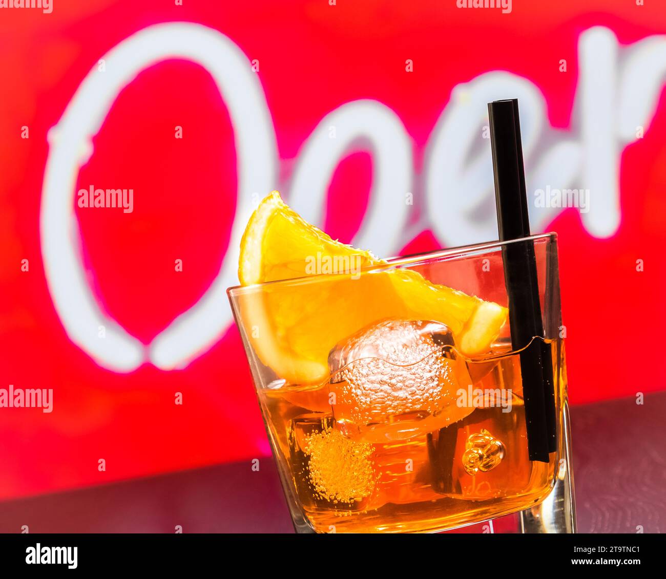 detail of glass of spritz aperitif aperol cocktail with orange slices ...