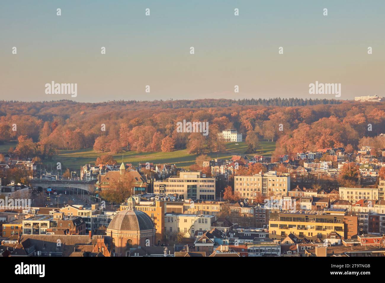 Aerial afternoon view of the city center in front of the Sonsbeek Park ...