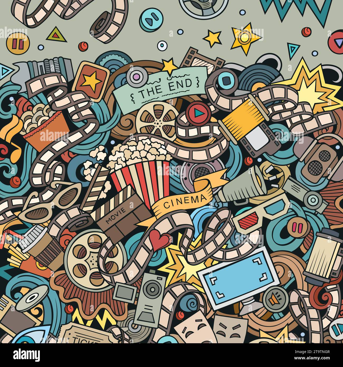 Cartoon cute doodles cinema frame design. Colorful detailed, with lots ...
