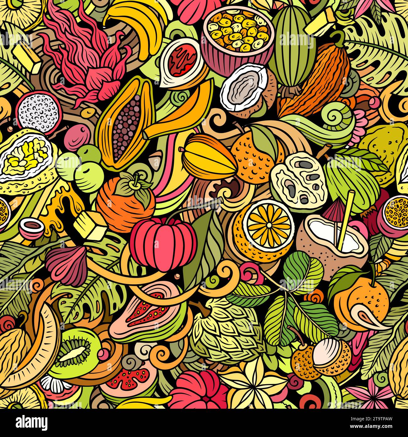 Cartoon vector doodles on the subject of Exotic Fruits seamless pattern ...