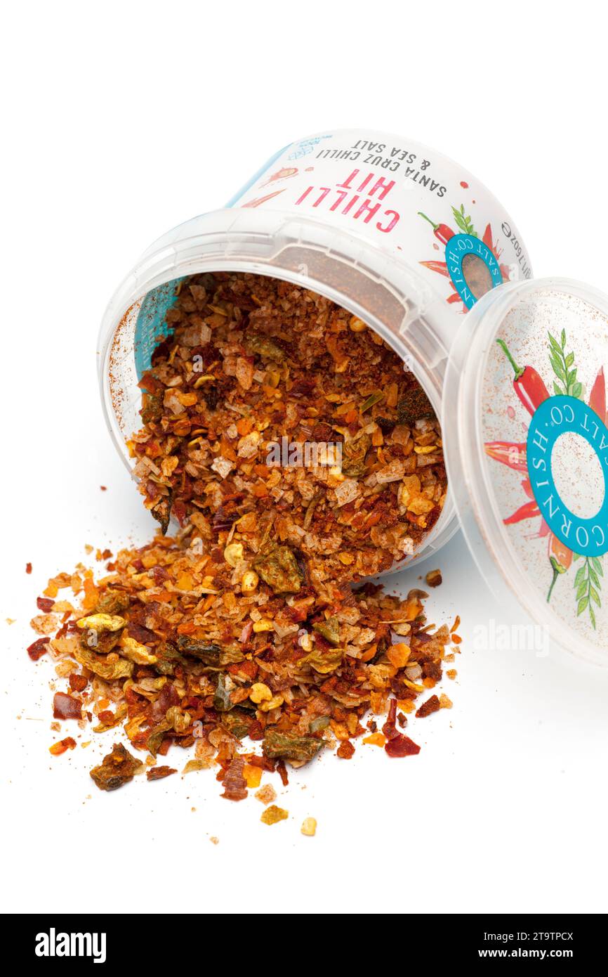Container of Santa Cruz Chilli Hit Cornish Sea Salt Spilling onto a ...