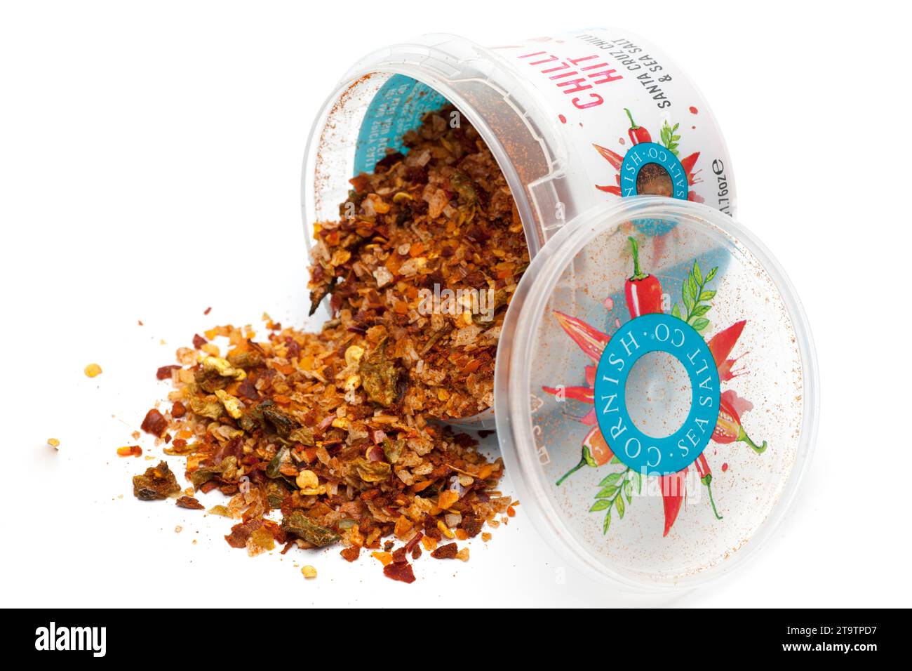 Container of Santa Cruz Chilli Hit Cornish Sea Salt Spilling onto a ...