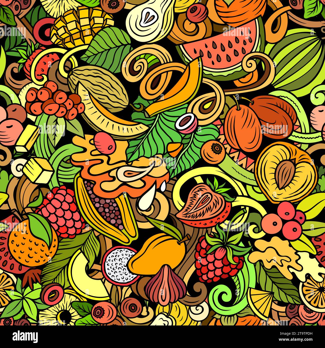 Cartoon vector doodles on the subject of Fresh Fruits seamless pattern ...