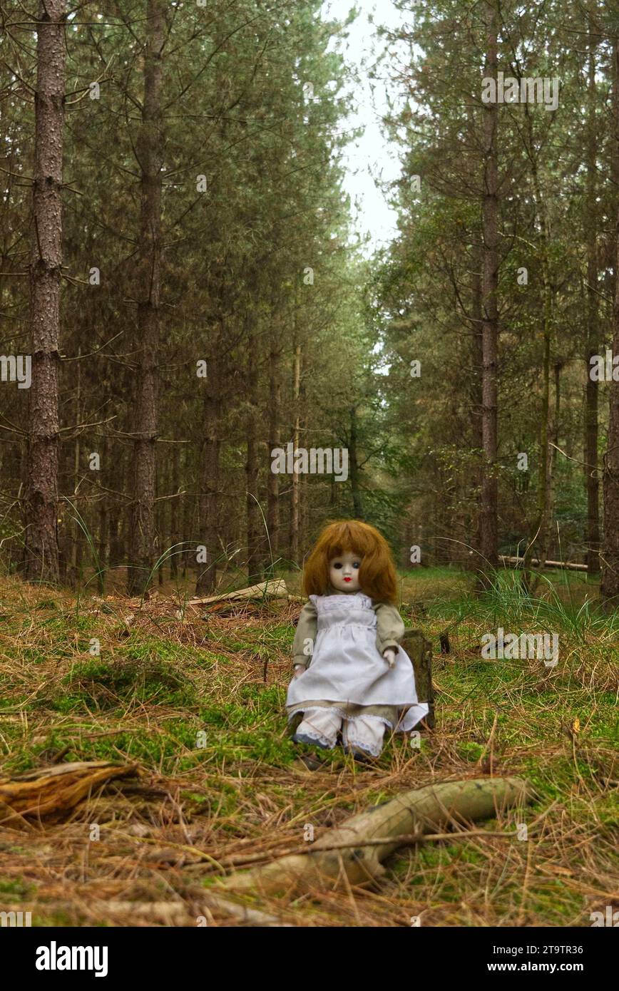 creepy 1 eyed doll sitting in the forest, horror thriller style Stock ...