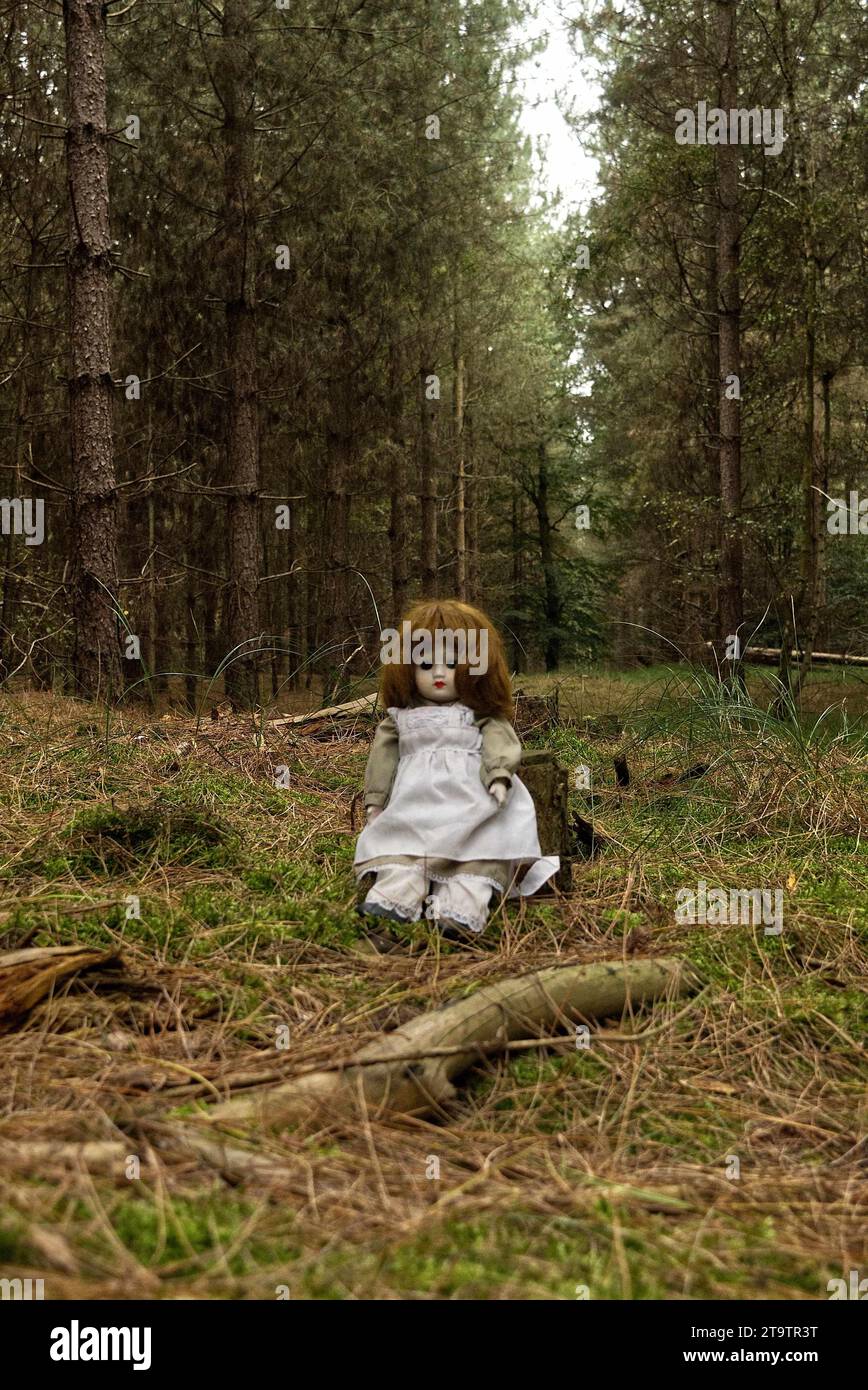creepy 1 eyed doll sitting in the forest, horror thriller style Stock ...