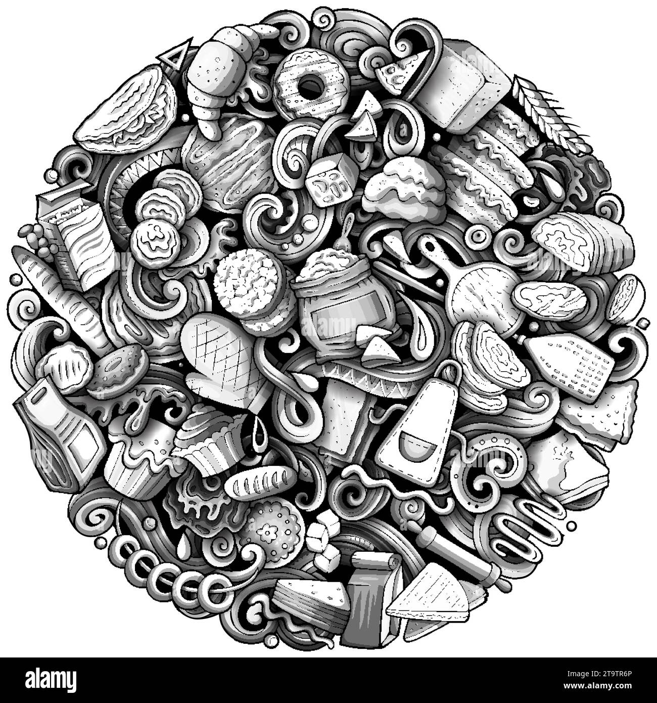 Cartoon vector Bakery doodle illustration features a variety of ...