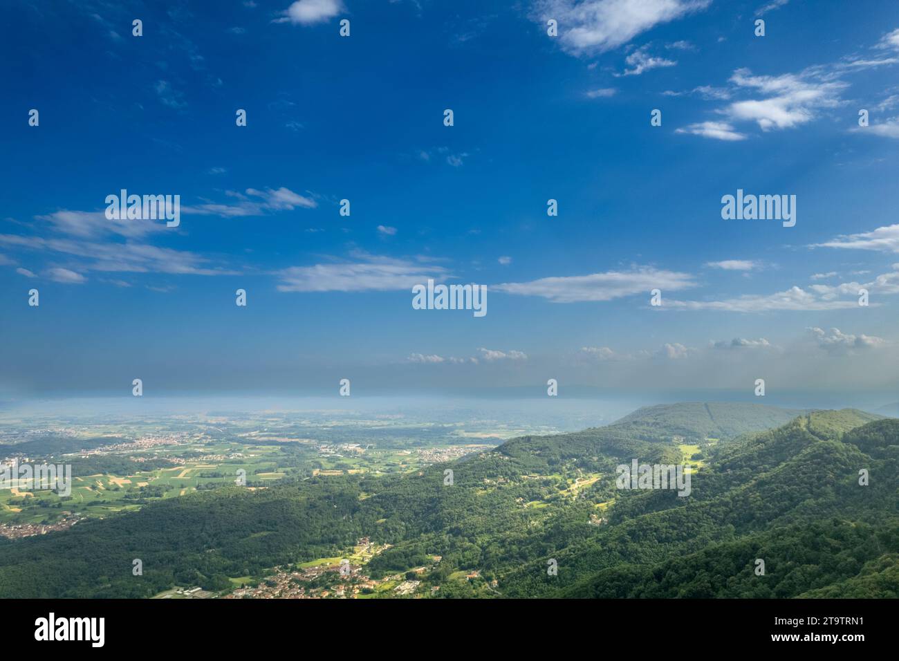 Aerial Scenic view from Val di Chy or Valchiusella, view of the Morainic Amphitheatre geological ...