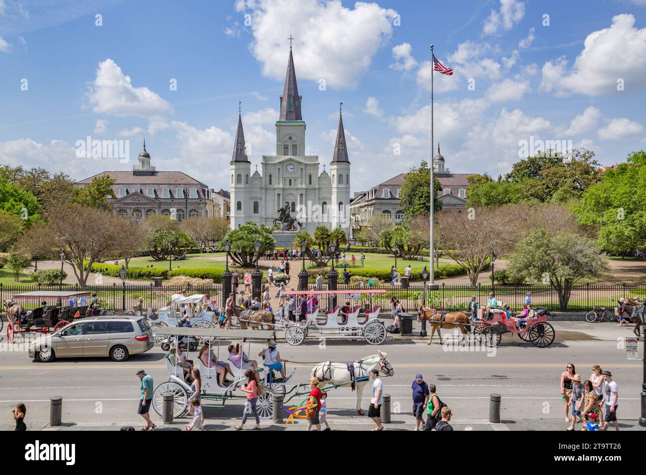 Horse and carriage vendors line up on Decatur Street in front of ...