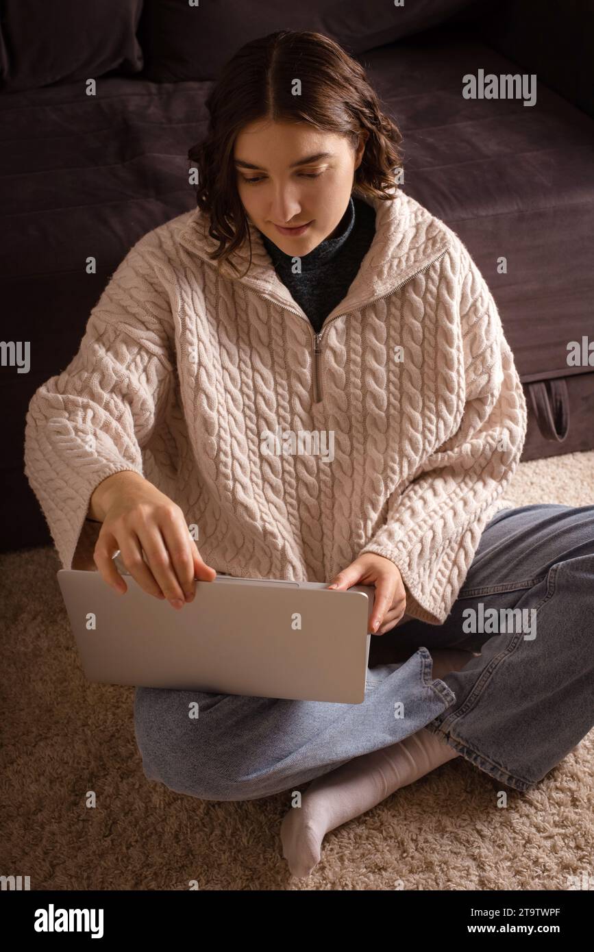 Relaxing Work Environment, Woman work on laptop and Enjoying ...