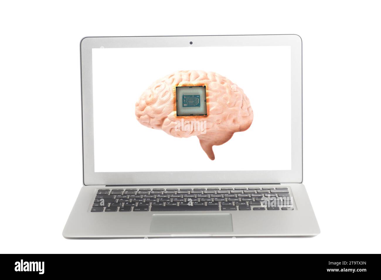 Human brain anatomical model with CPU processor microchip on the laptop monitor screen Stock ...