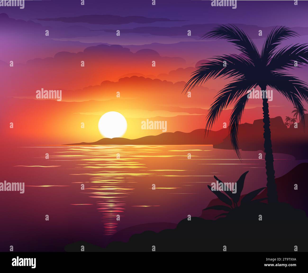 Sunset dusk ocean shore blue Stock Vector Images - Alamy