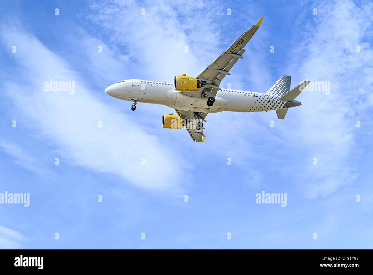 Barcelona, Spain; April 10, 2023: Vueling Airbus A320 plane, landing at ...