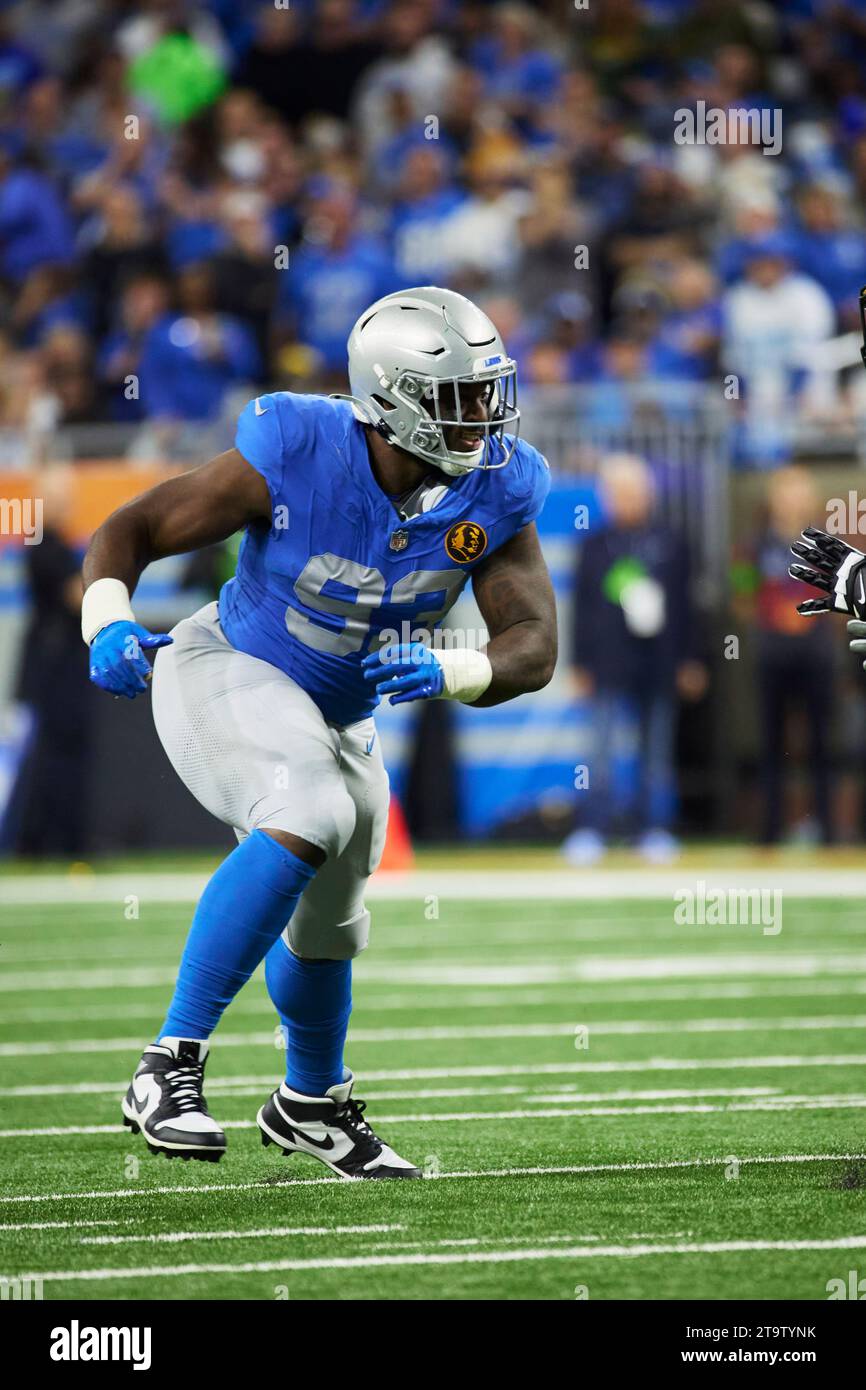 Detroit Lions defensive end Josh Paschal (93) pursues a play on defense ...