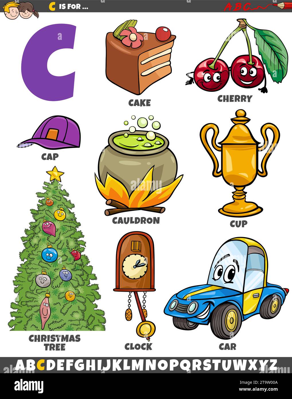 Cartoon illustration of objects and characters set for letter C Stock ...