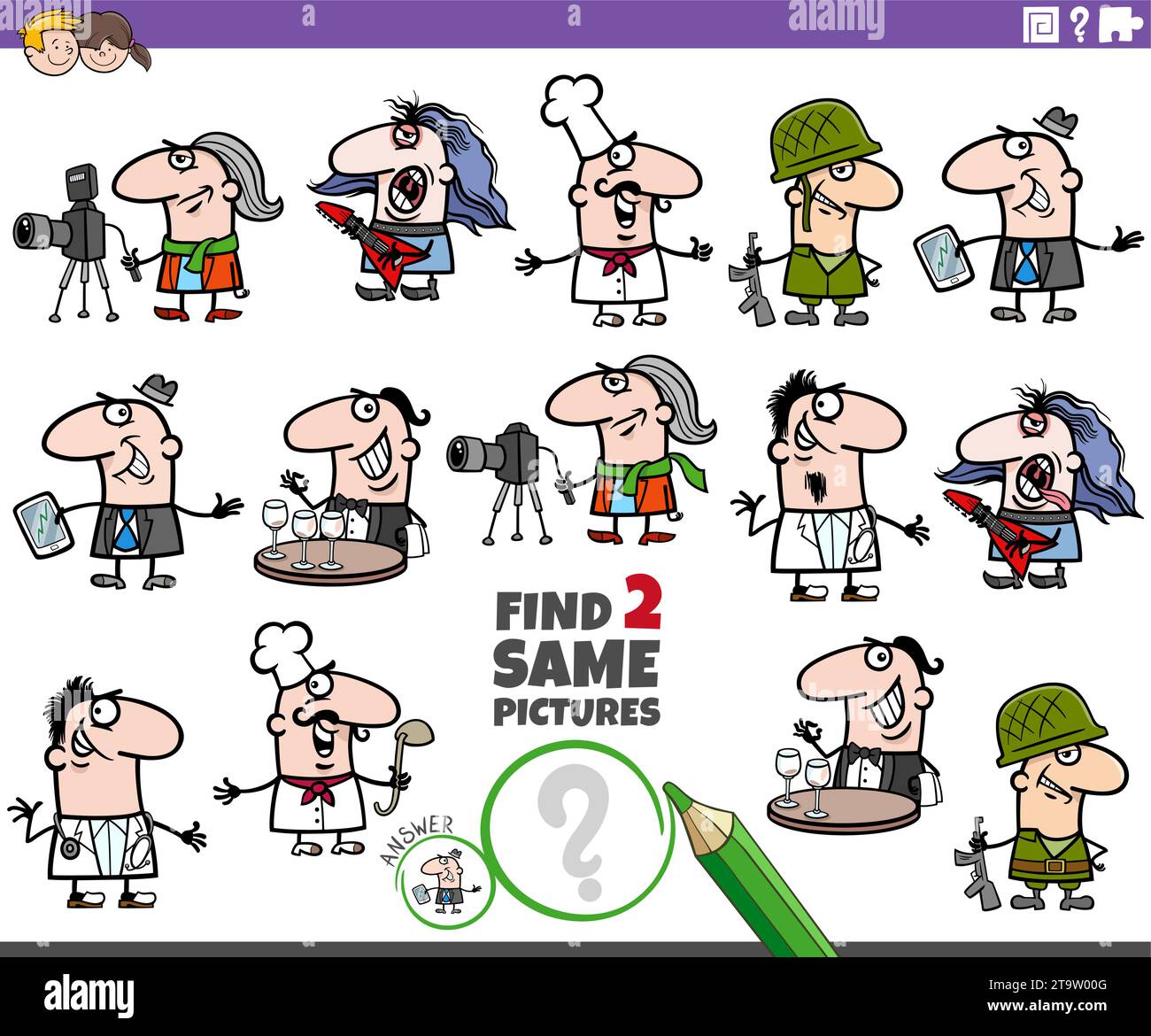 Cartoon illustration of finding two same pictures educational game with ...